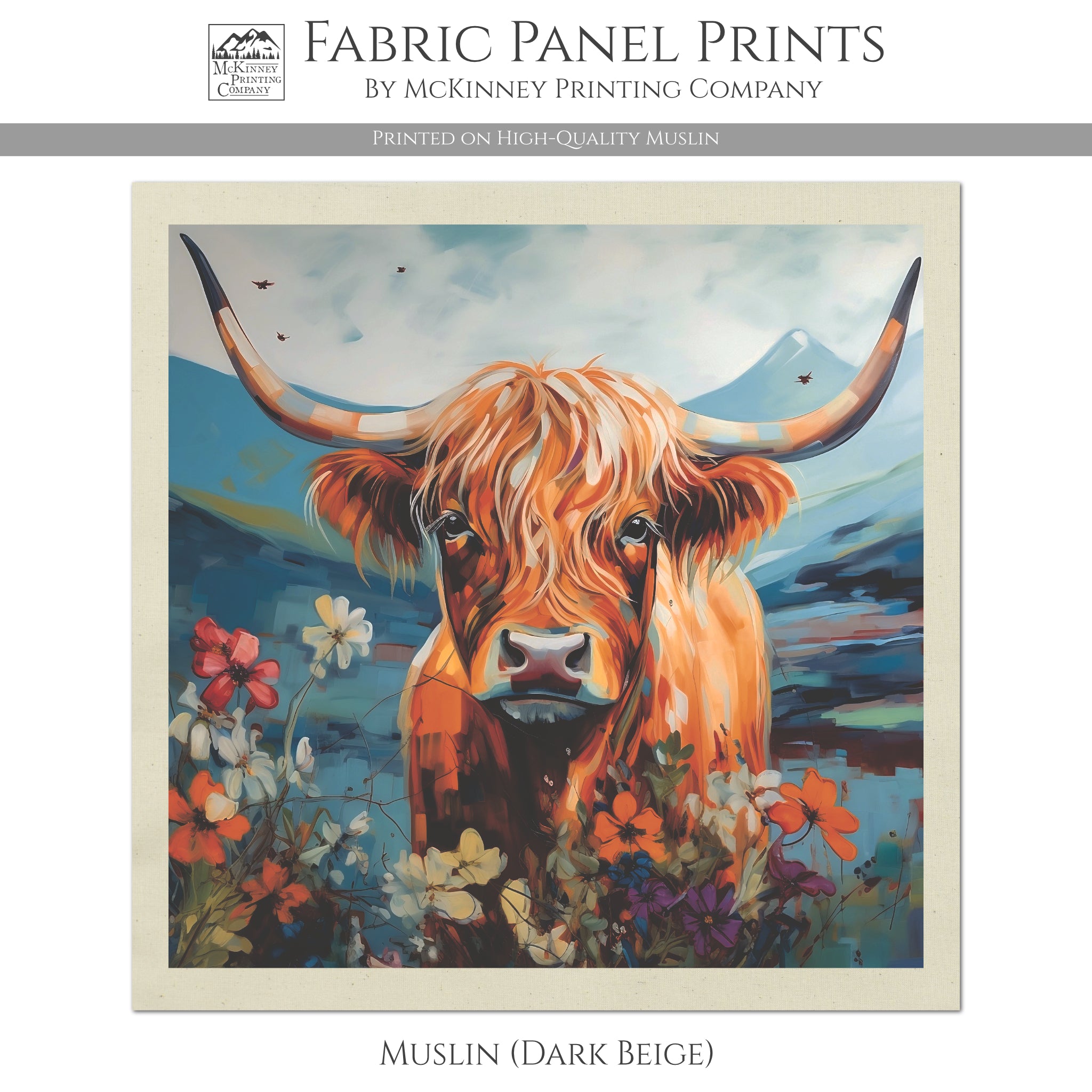 Highland Cow - Fabric Panel, Mountain Landscape, Print, Floral, Farm ...