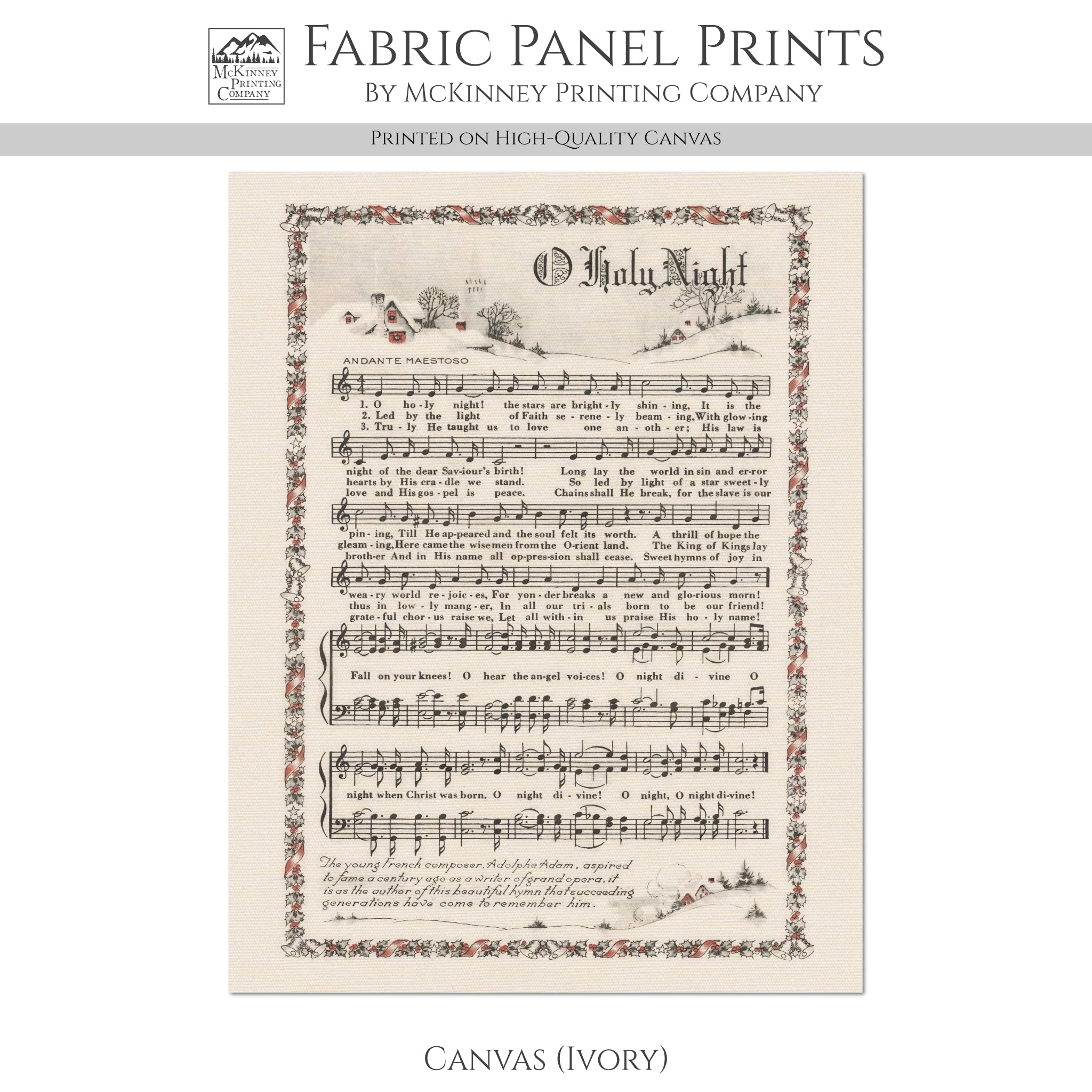 Oh Holy Night - Christmas Fabric Panel, Hymn Wall Art, Sheet Music, Ly ...
